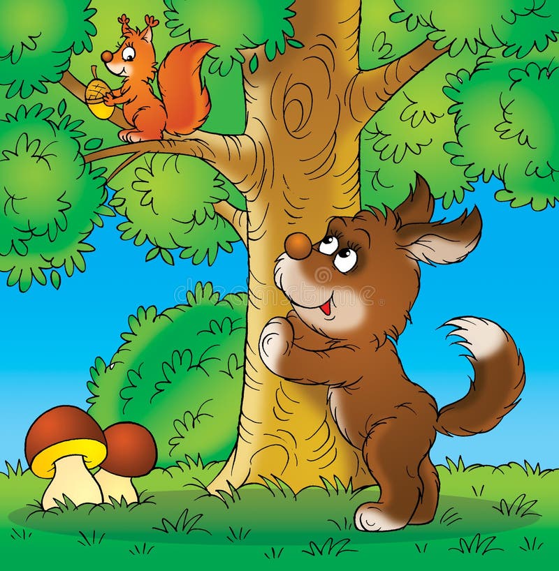 Dog chasing a squirrel stock illustration. Illustration of canine ...