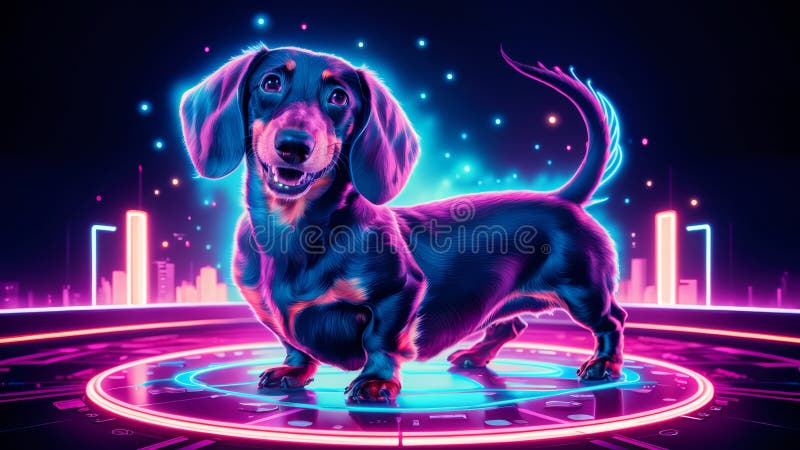 A Dog is Standing on a Circular Platform with Neon Lights, AI Stock ...
