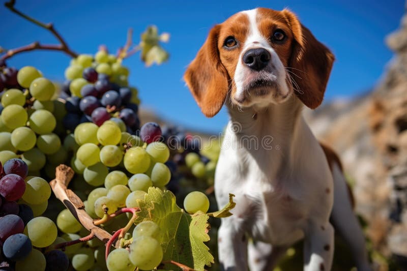 A Dog Standing in Front of a Bunch of Grapes, AI Stock Illustration ...