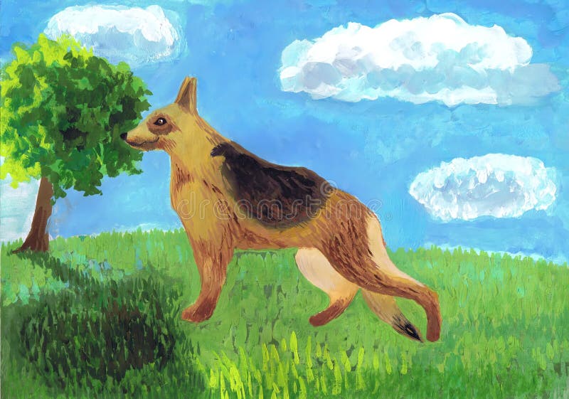 A Dog is Standing on the Grass. Child`s Drawing Stock Illustration ...