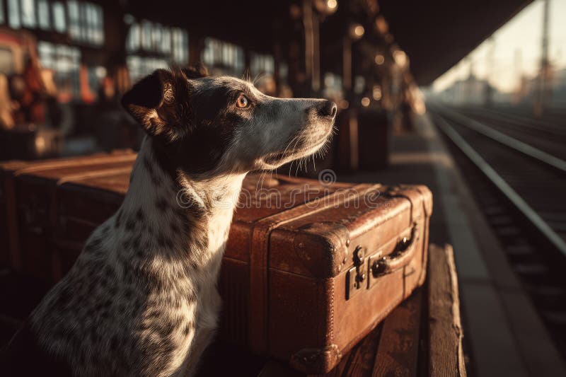 Dog Waiting at Train Station with Vintage Suitcase Stock Image - Image ...