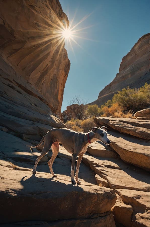 Whippet Dog on Rocky Mountain Summit at Sunset, Majestic Landscape ...