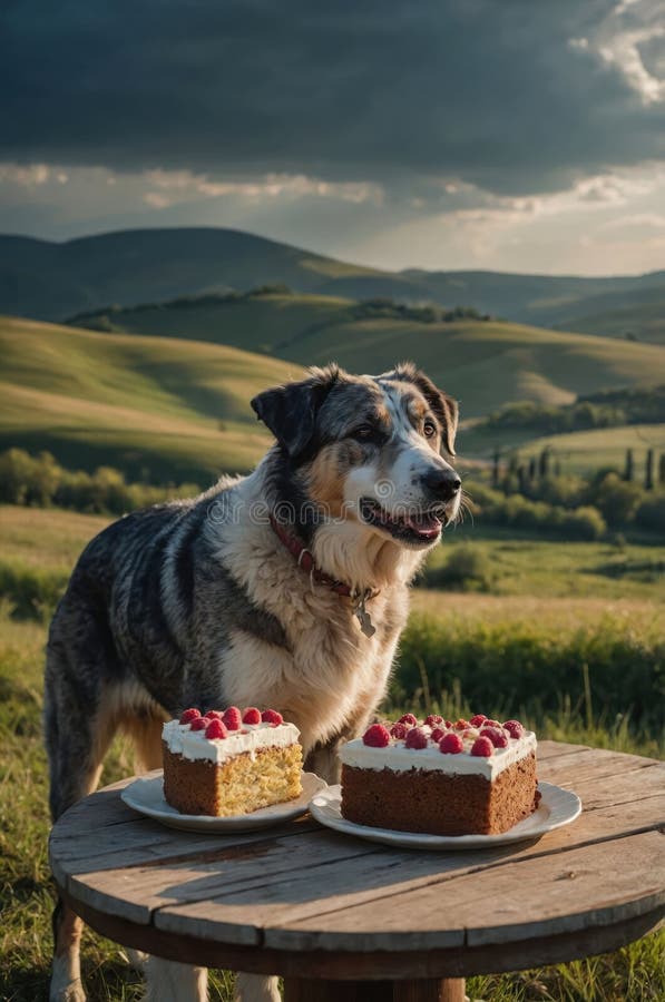 Happy Dog with Delicious Raspberry Cake in Scenic Landscape Stock ...