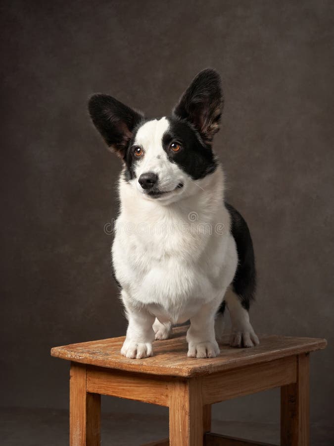Dog in a Studio Pose. Welsh Corgi on a Rustic Stool Stock Image - Image ...