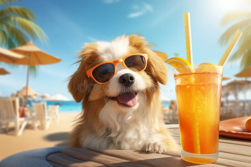A Dog in Sunglasses with a Cocktail on the Beach Stock Photo - Image of ...