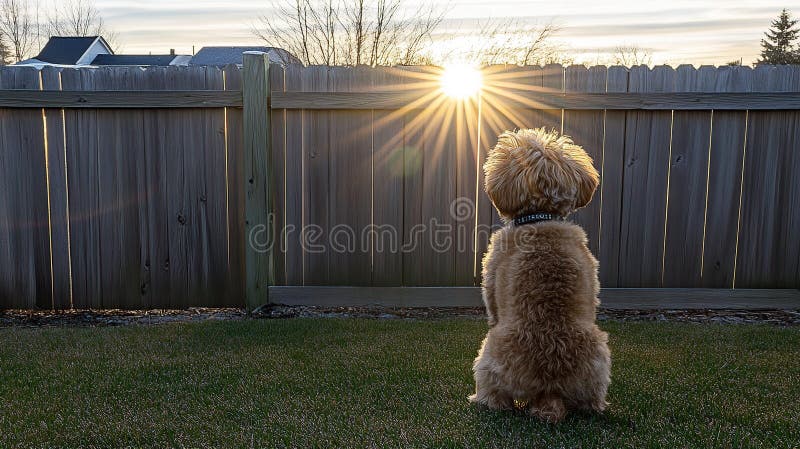 Dog Sunset Backyard Fence Homescape Stock Photo - Image of happiness ...
