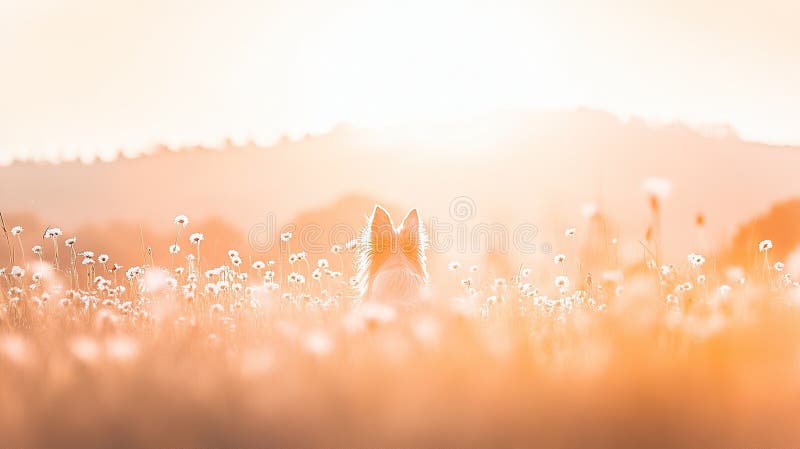 Dog Sunset Field Flowers Back View Nature Peaceful Stock Photo - Image ...
