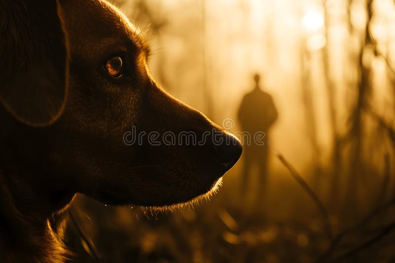 Dog at Sunset with Silhouette in Woods Stock Image - Image of adventure ...