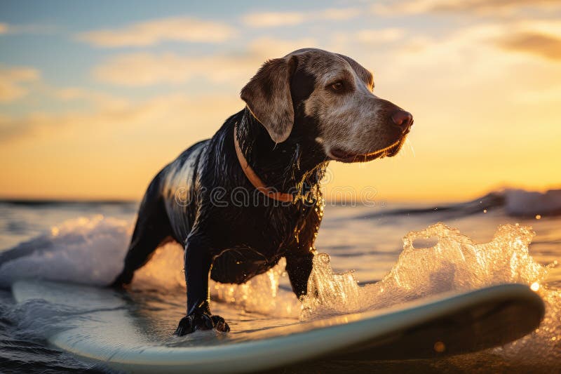 Dog on a Surf Caught a Wave. Golden Retriever on Surf Board Stock ...