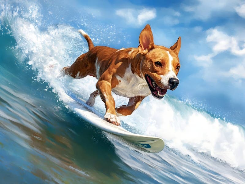 Dog Surfing a Light Blue Ocean Wave with Splashing Water and Energetic ...