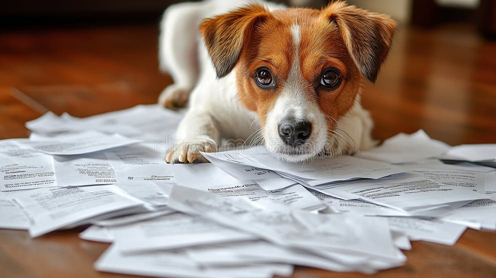 Dog Surrounded by Paperwork Stock Illustration - Illustration of ...