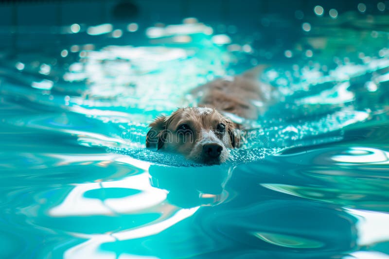 Dog Swimming in a Pool with Blue Light Reflections Stock Image - Image ...