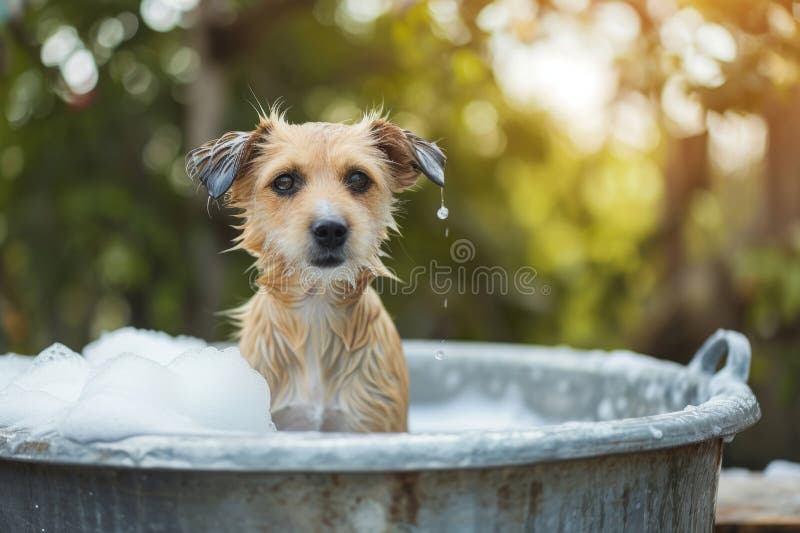 Dog Taking a Bath in the Backyard. Generative AI Stock Image - Image of ...