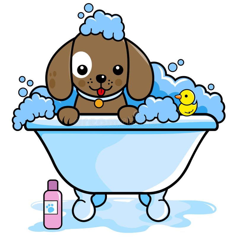 Dog in a Bath Tub Taking a Bubble Bath. Cartoon Puppy Pet at the ...