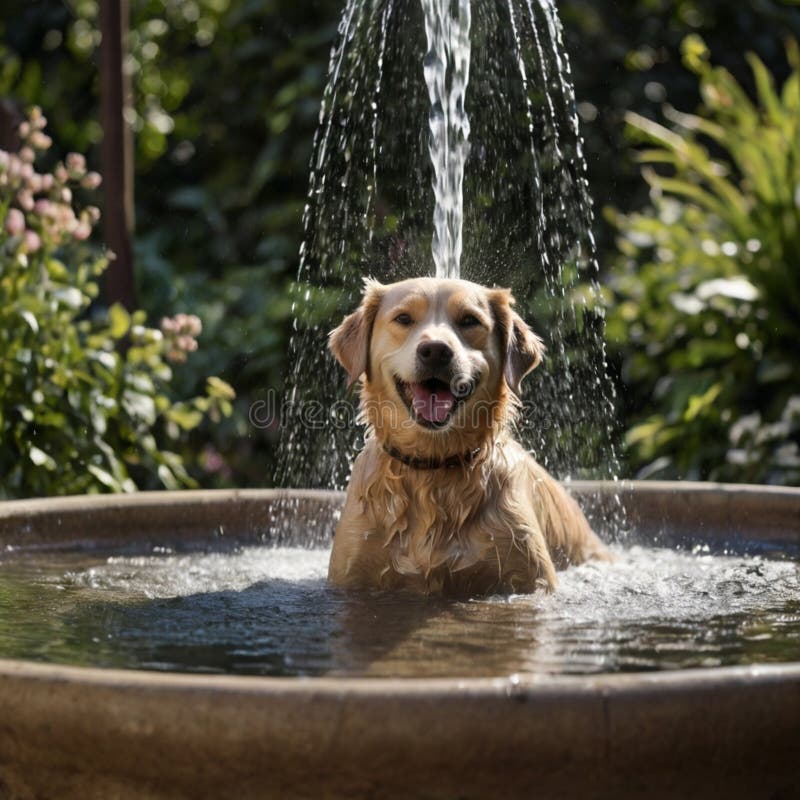 Dog Taking a Shower Under a Waterfall in the Garden. Stock Illustration ...