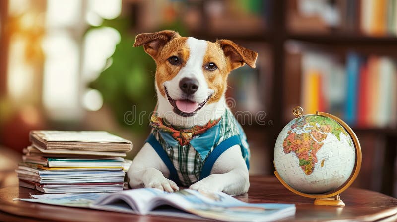 A Dog in a Travel Agent Uniform with a Globe and a Stack of Brochures ...