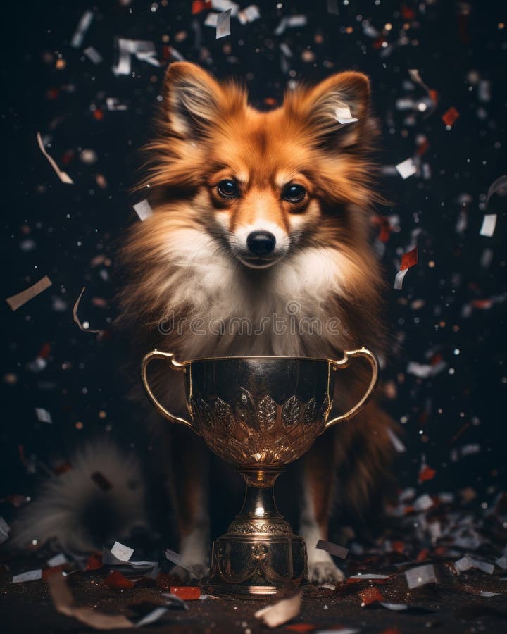 A Dog with a Trophy in Front of Confetti Stock Illustration ...