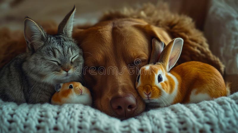 A Dog and Two Rabbits and a Cat Sleeping Together on a Blanket Stock ...