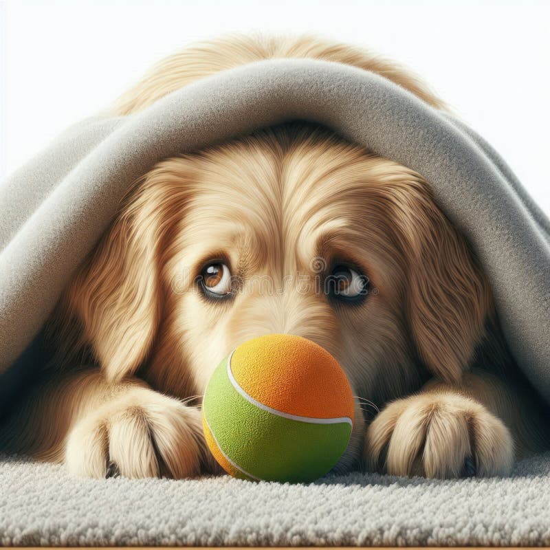 The Dog Under the Blanket Looks at the Ball. Stock Image - Image of ...