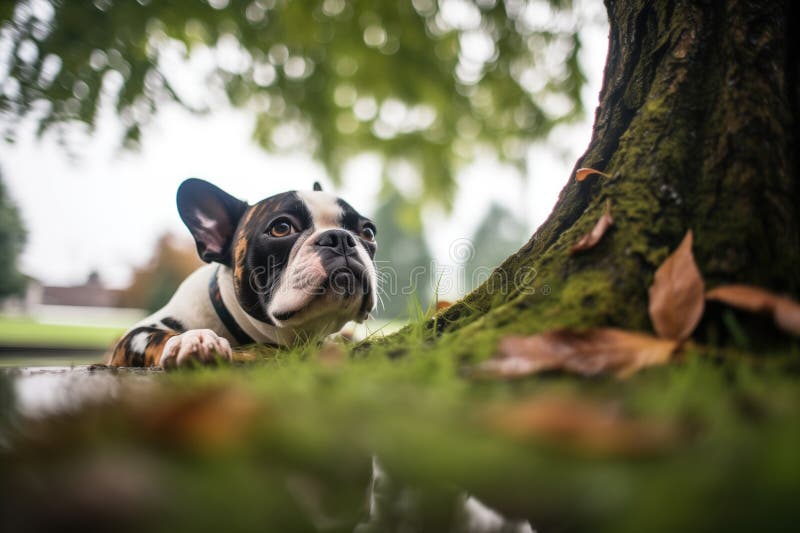 Dog Under a Leafy Tree As Raindrops Fall Stock Image - Image of comfort ...