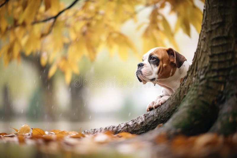 Dog Under a Leafy Tree As Raindrops Fall Stock Photo - Image of comfort ...