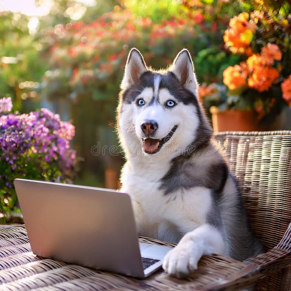 Dog using laptop computer stock image. Image of garden - 357267351
