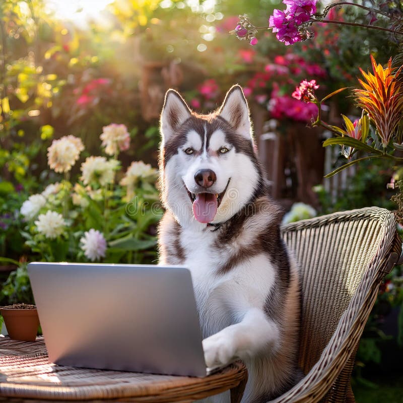 Dog using laptop computer stock image. Image of online - 357267375