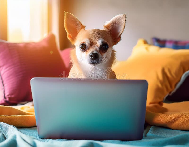 Dog using laptop computer stock image. Image of happy - 357267409