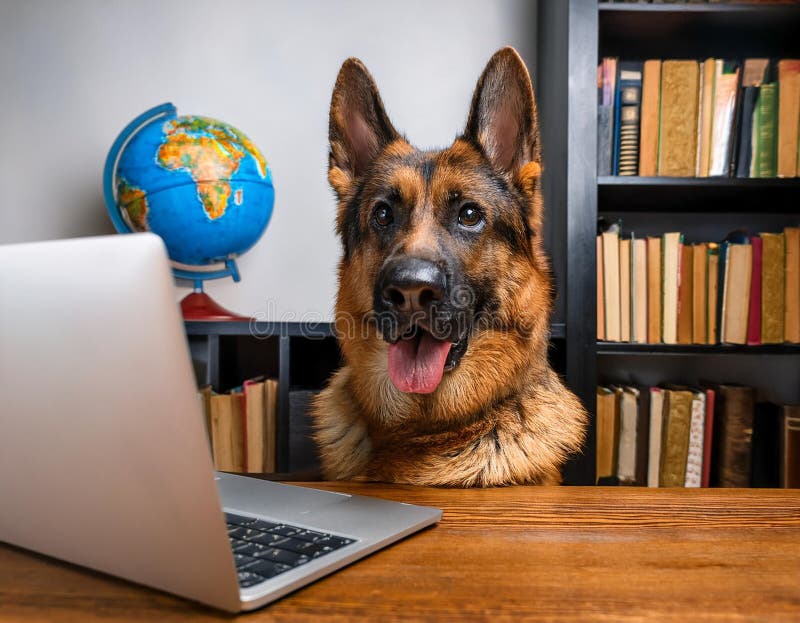 Dog using laptop computer stock image. Image of books - 357267423