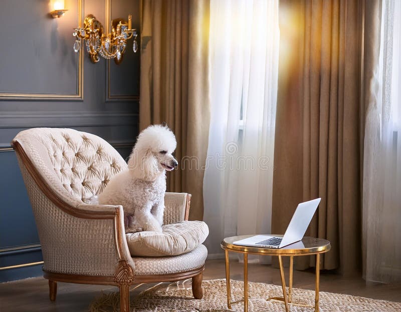 Dog using laptop computer stock photo. Image of poodle - 357267460