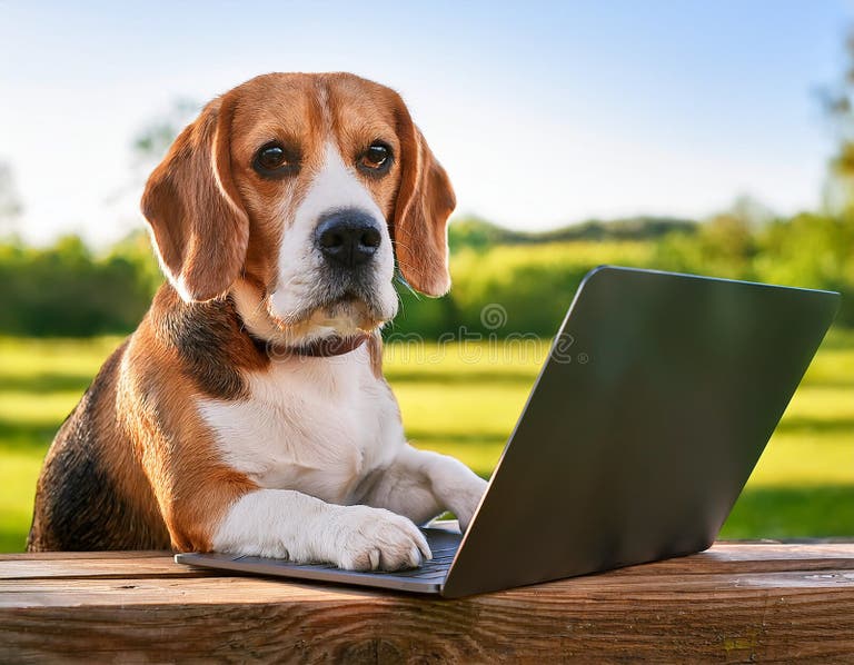 Dog using laptop computer stock photo. Image of laptop - 357267472