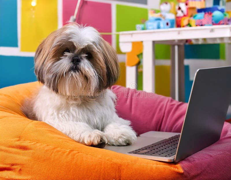 Dog using laptop computer stock image. Image of meeting - 357267509