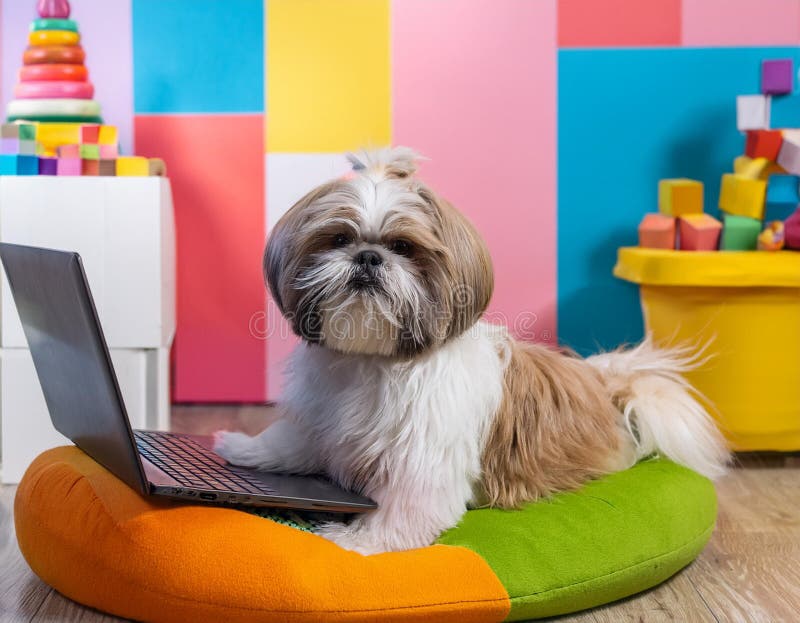 Dog using laptop computer stock image. Image of computer - 357267521