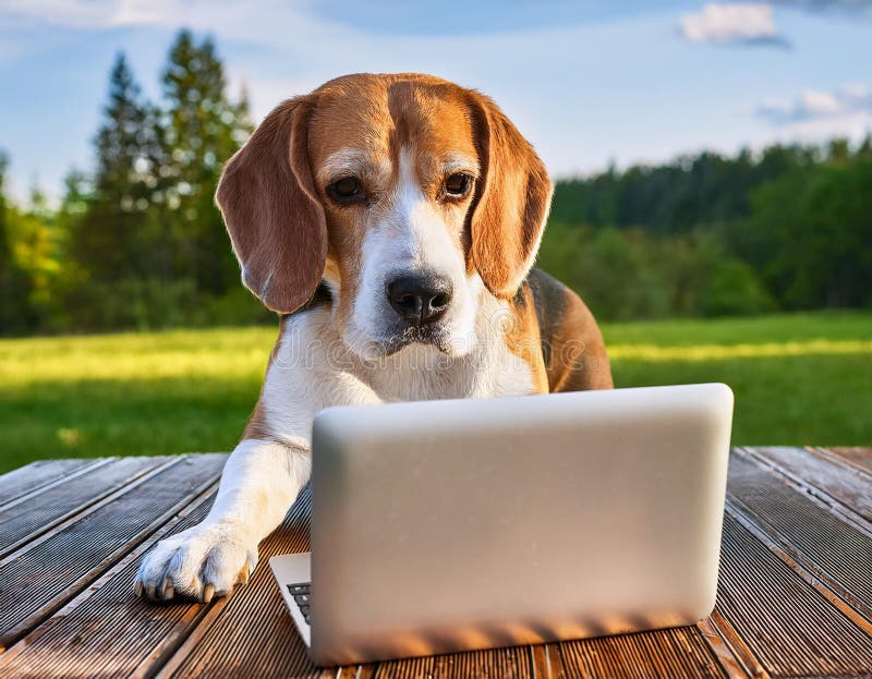 Dog using laptop computer stock photo. Image of computer - 357267476
