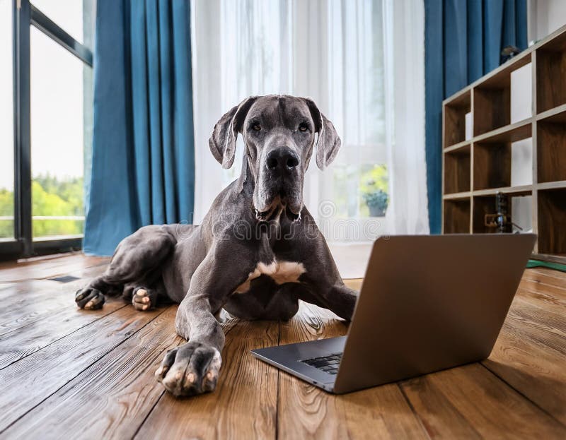 Dog using laptop computer stock image. Image of cute - 357311947