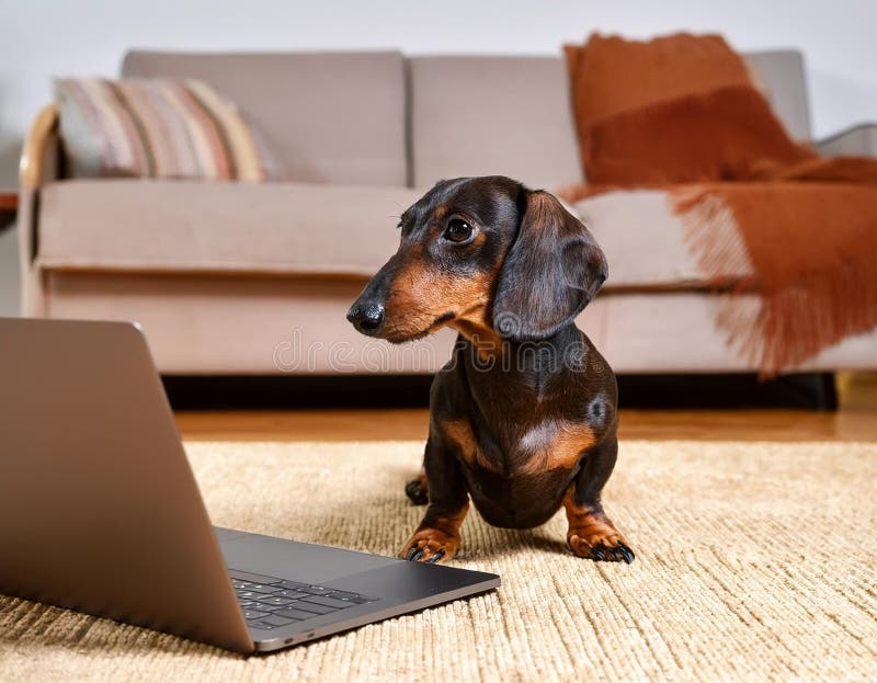 Dog using laptop computer stock image. Image of computer - 357311627