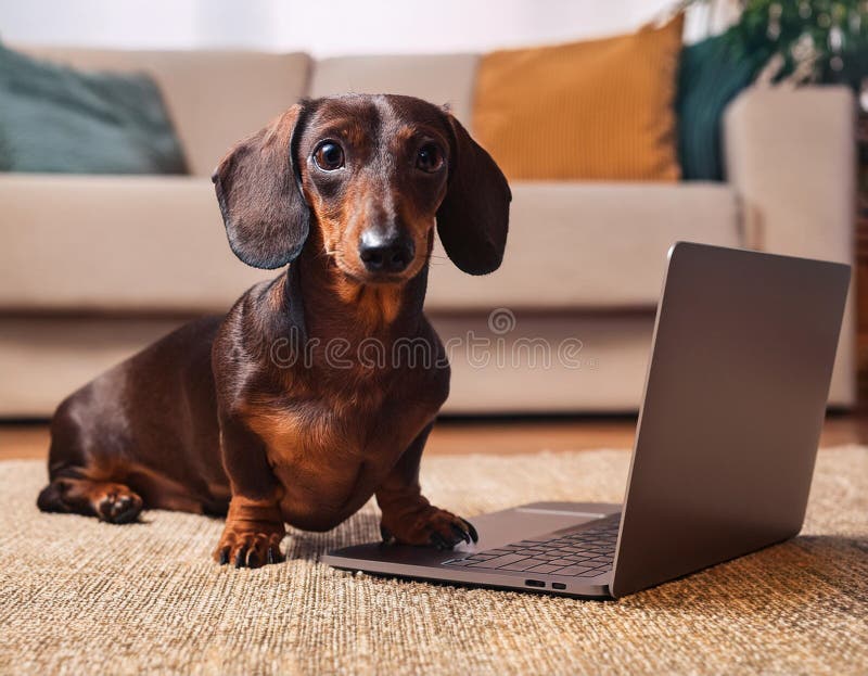 Dog using laptop computer stock image. Image of happy - 357311683