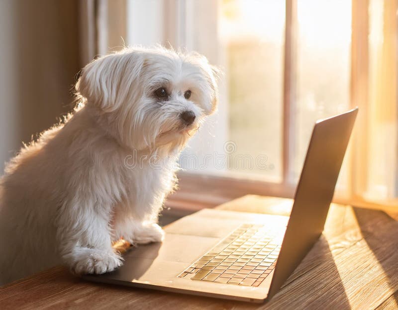 Dog using laptop computer stock photo. Image of happy - 357312028