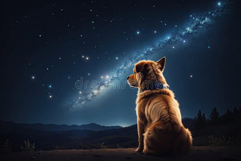 Dog View from the Back Sitting and Looking at the Stars. Ai Generative ...