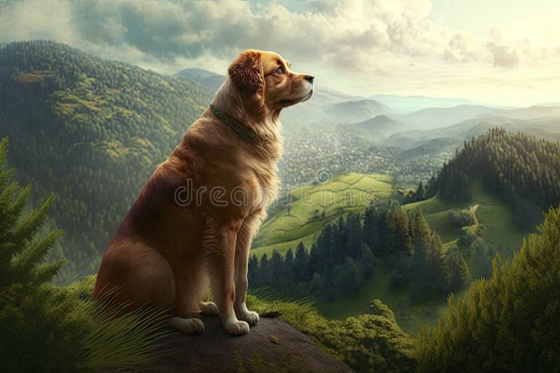 Dog, with View of Rolling Hills and Lush Forests, Atop Mountain Peak ...