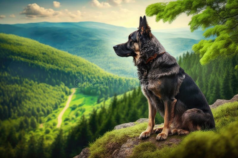Dog, with View of Rolling Hills and Lush Forests, Atop Mountain Peak ...