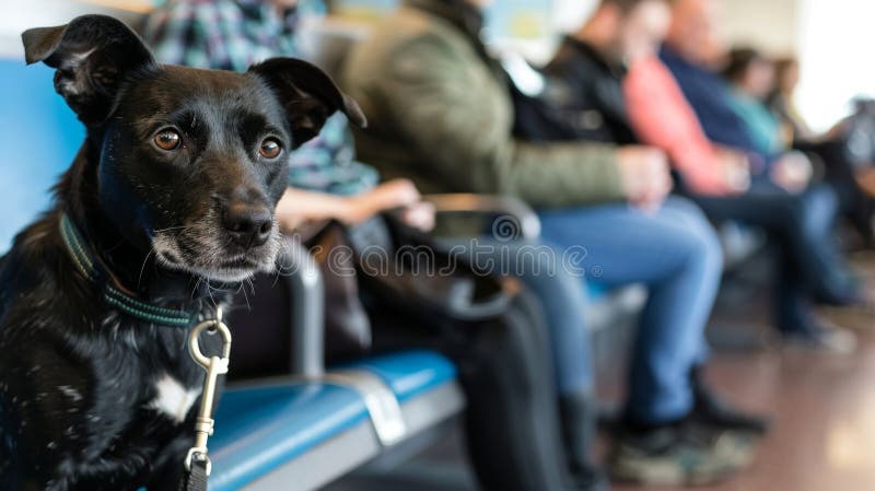 Dog Waiting with People in a Busy Indoor Setting Stock Illustration ...