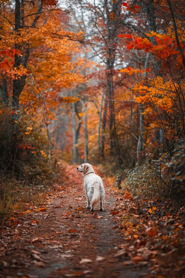 A Dog Walking Down a Path in the Woods in the Fall. Generative AI Stock ...