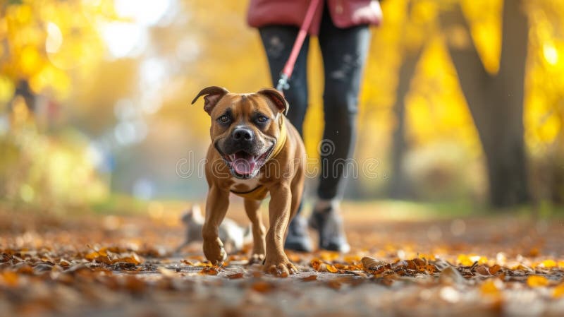 A Dog Walking on a Leash in the Fall Leaves, AI Stock Image - Image of ...
