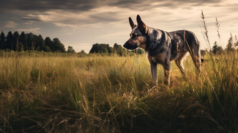 Post-apocalyptic German Shepherd Dog Grazing in Field Stock ...