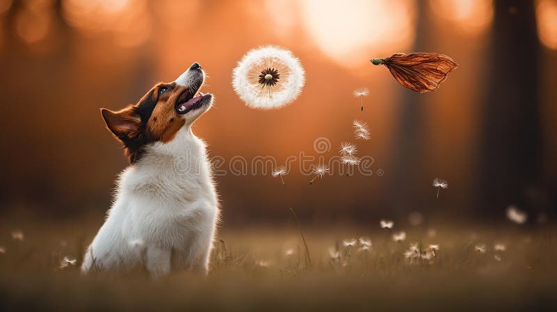 Dog Watching Dandelion Seeds Blow Sunset Meadow Stock Image - Image of ...