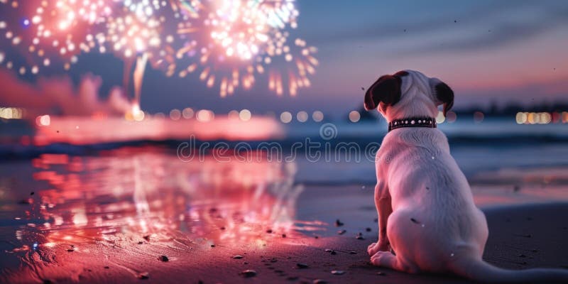 Dog Watching FireWorks on Beach Stock Photo - Image of july, evening ...
