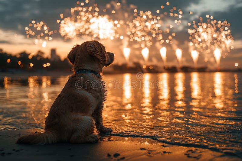 Dog Watching Fireworks on New Year. Generative AI. Stock Illustration ...