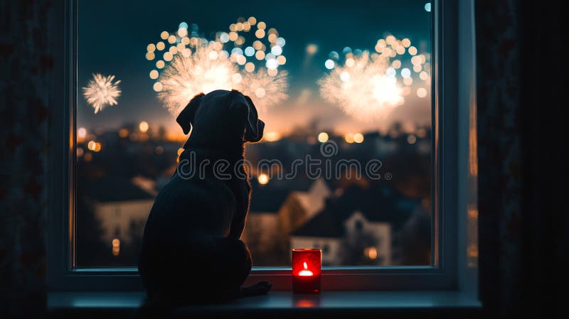 Dog Watching Fireworks from Window with Candlelight Stock Image - Image ...