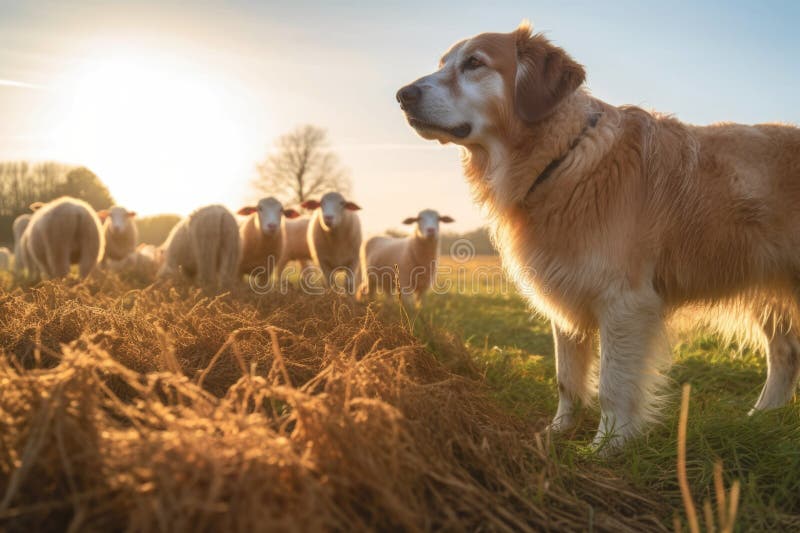 Dog Watching Over Sheep As they Graze in a Sunlit Field Stock Image ...
